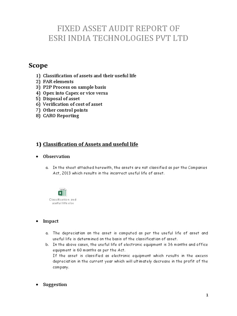 Fixed Asset Audit Report of Esri India Technologies PVT LTD: Scope ...