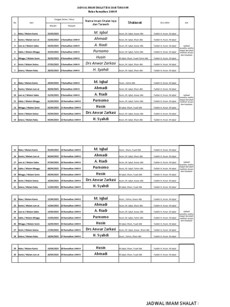 Jadwal Imam Salat Tarawih 2023 | PDF