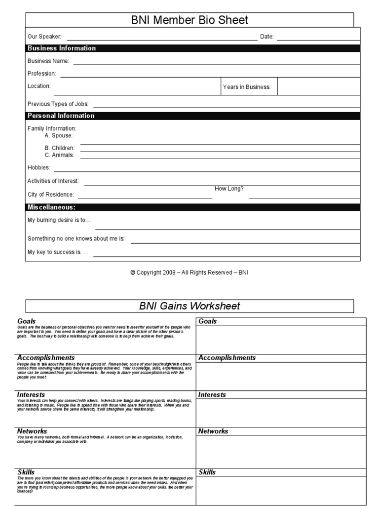 BNI Member Bio Sheet: Business Information | PDF | Behavior ...