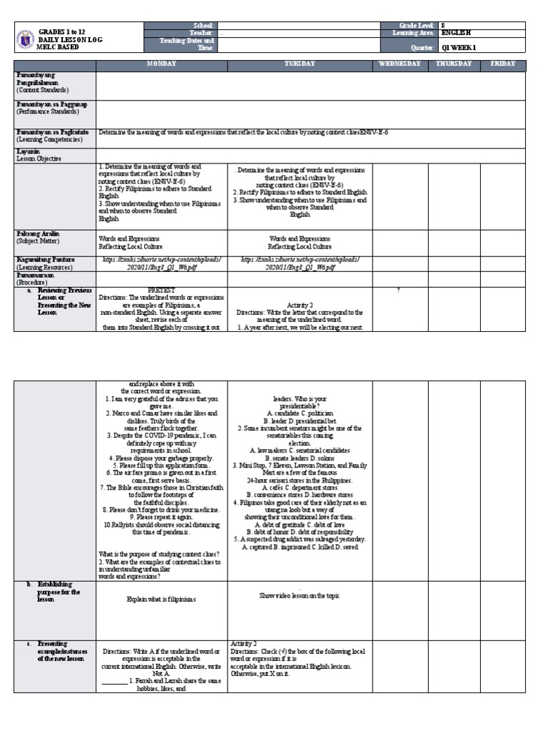 Melc DLL Eng 8 Week 1 Q1 Done | PDF