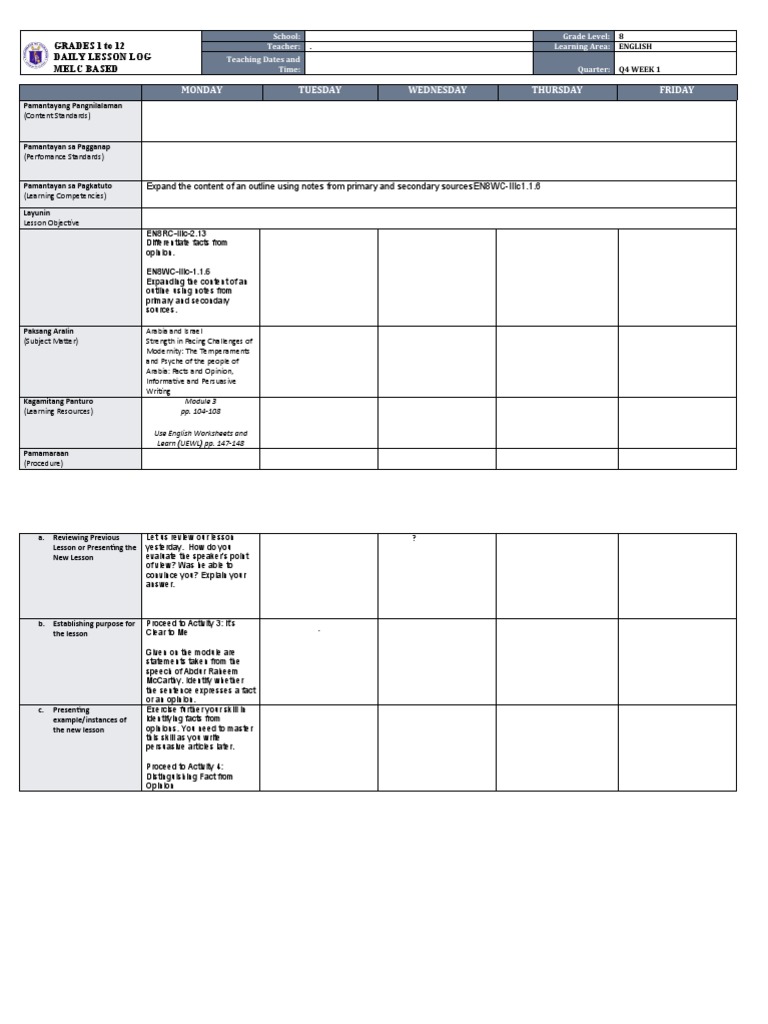 MELC DLL ENG 8 WEEK 1 Q4 Done | PDF