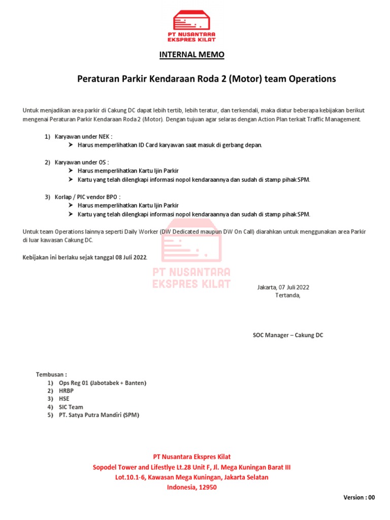 Peraturan Parkir KR2 Team Ops Cakung DC | PDF