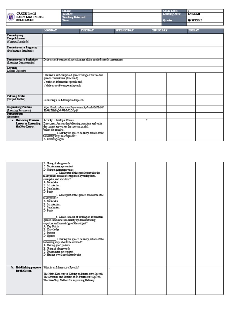 School: Grade Level: Teacher: Learning Area: Teaching Dates and Time ...