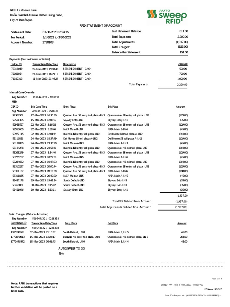 SOA Acct 2738103 32023 | PDF | Toll Road | Payments