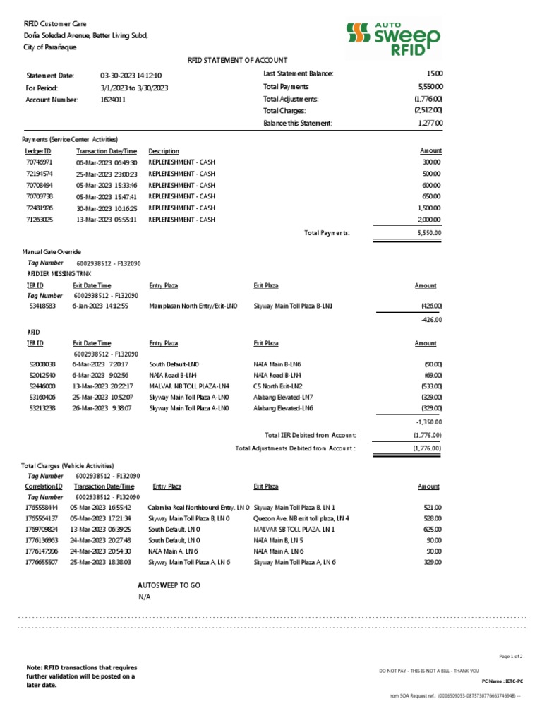 SOA Acct 1624011 32023 | PDF | Debits And Credits | Toll Road