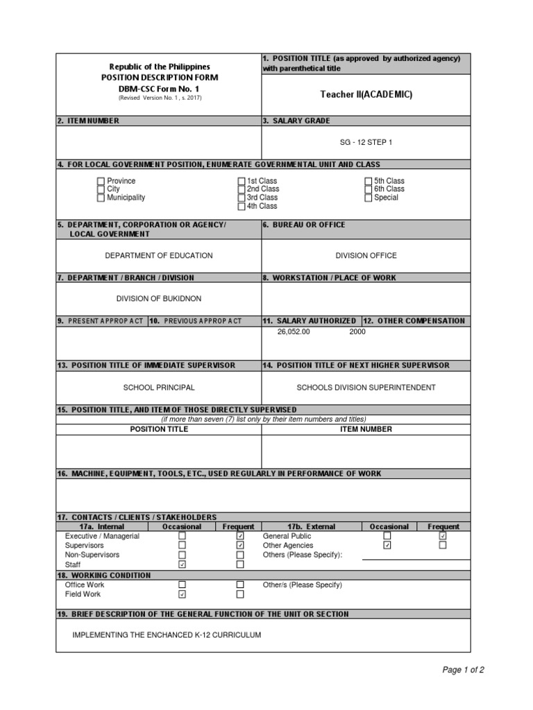 DBM-CSC Form No. 1 Position Description Forms - SHS HUMMS-T2 | PDF ...