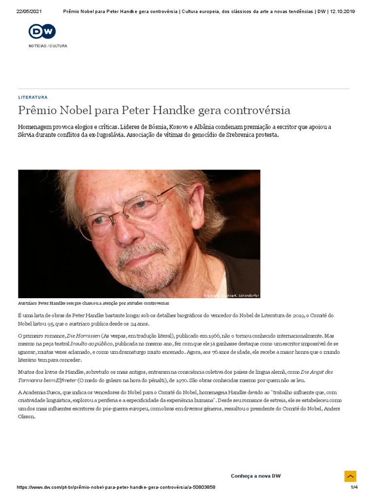 Prêmio Nobel para Peter Handke Gera Controvérsia - Cultura Europeia ...