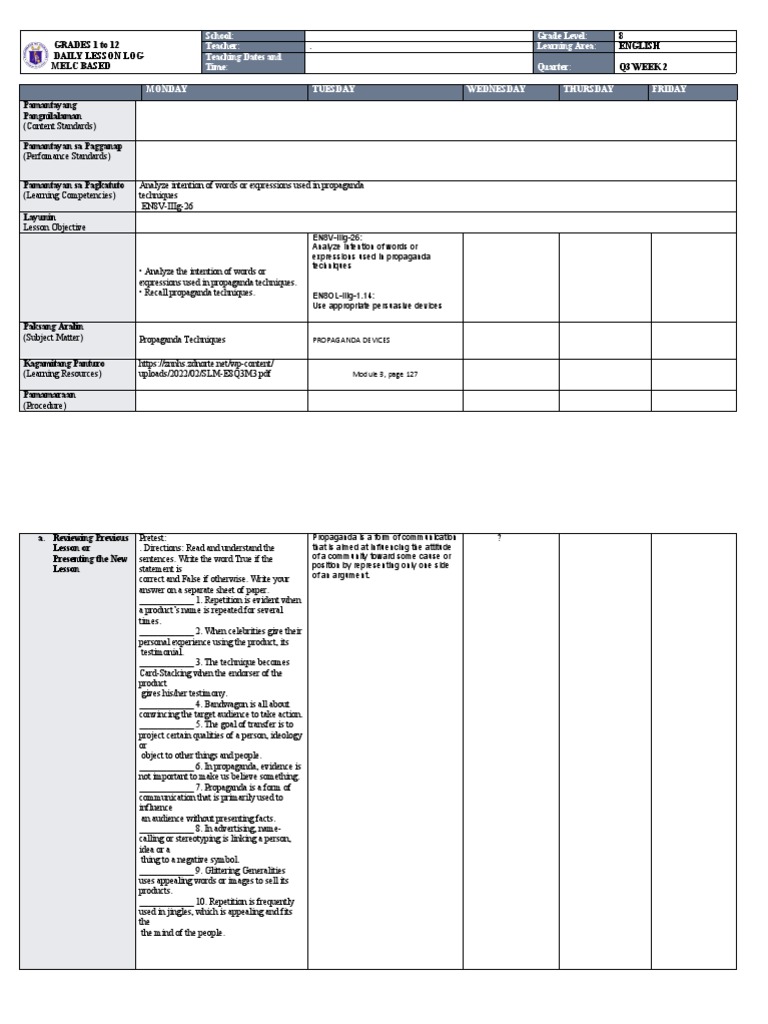 MELC DLL ENG 8 WEEK 2 Q3 Done | PDF | Propaganda | Advertising