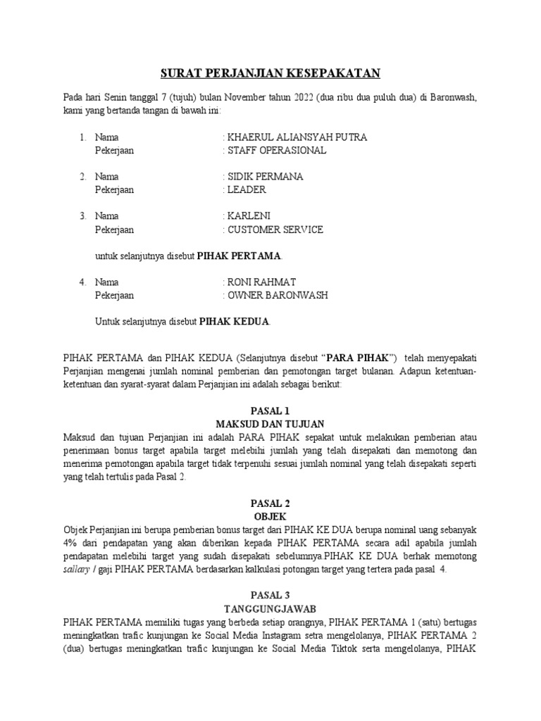 Surat Perjanjian Kesepakatan | PDF