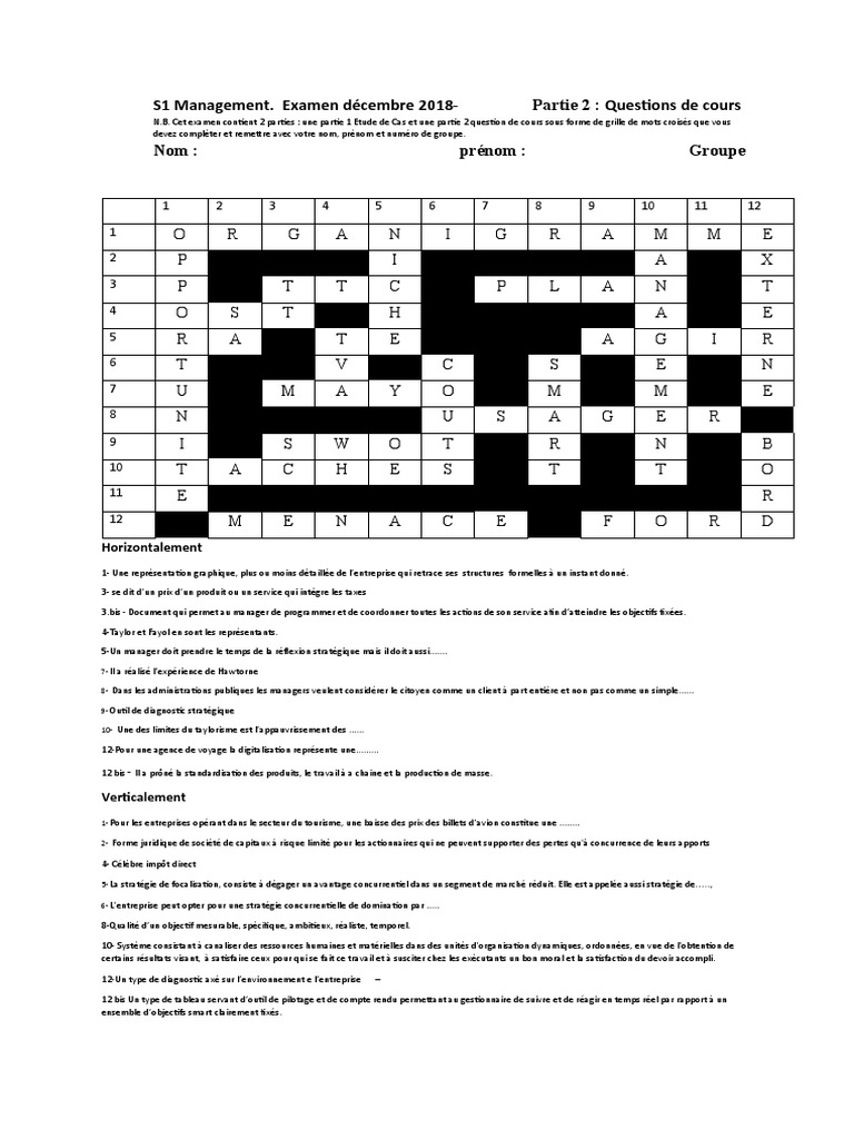 Examen S1 Management 2018 - Questions | PDF | Business | Économie