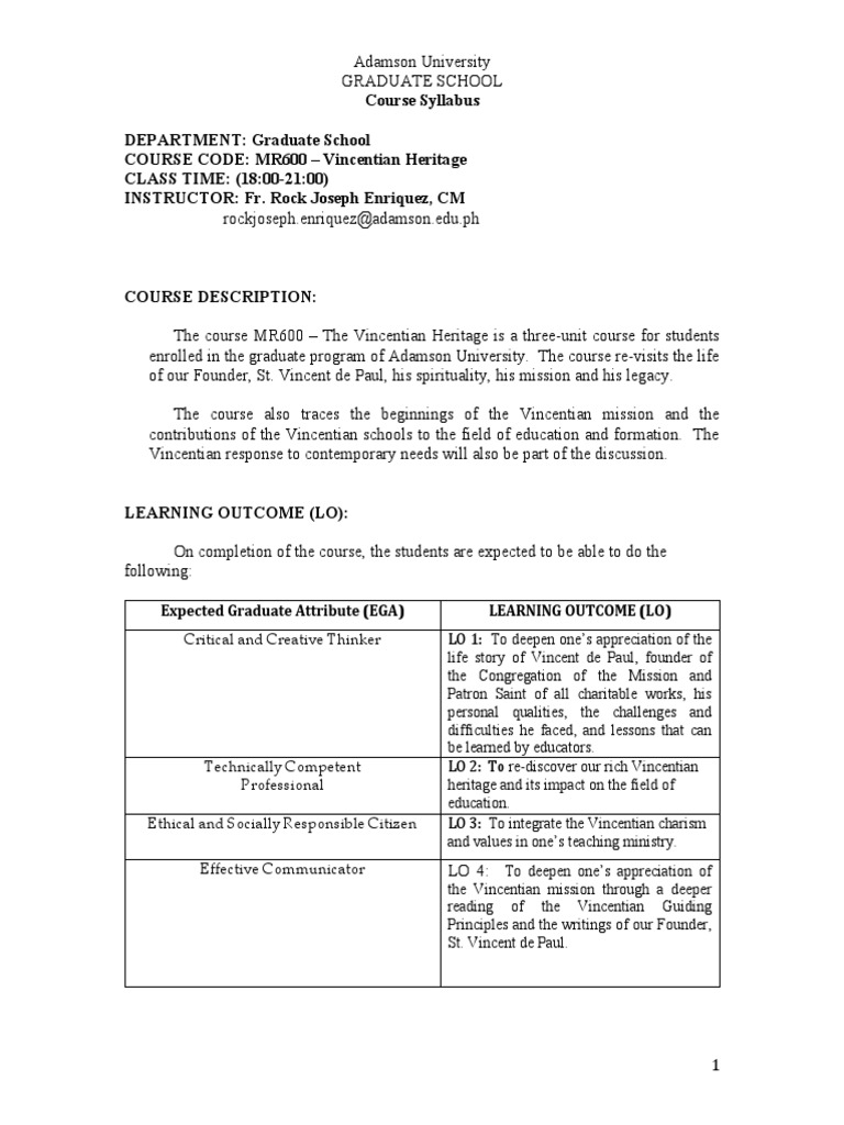 Vncentian Heritage Course Syllabus-2 | PDF | Thought | Critical Thinking