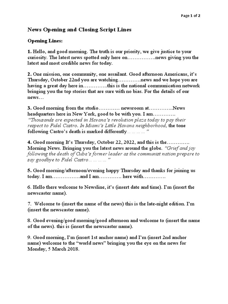 News Script Opening & Closing Lines | PDF | News | Television