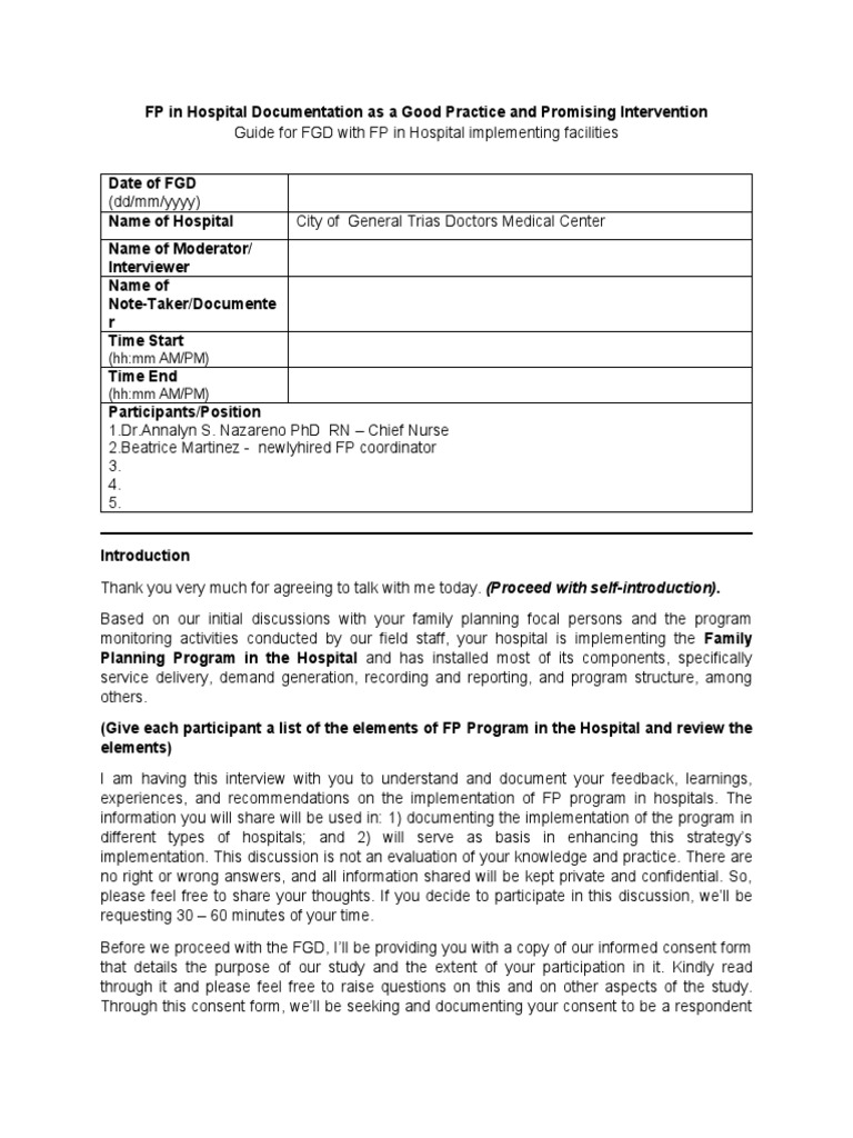 Hospital Family Planning FGD Guide | PDF | Informed Consent | Family ...