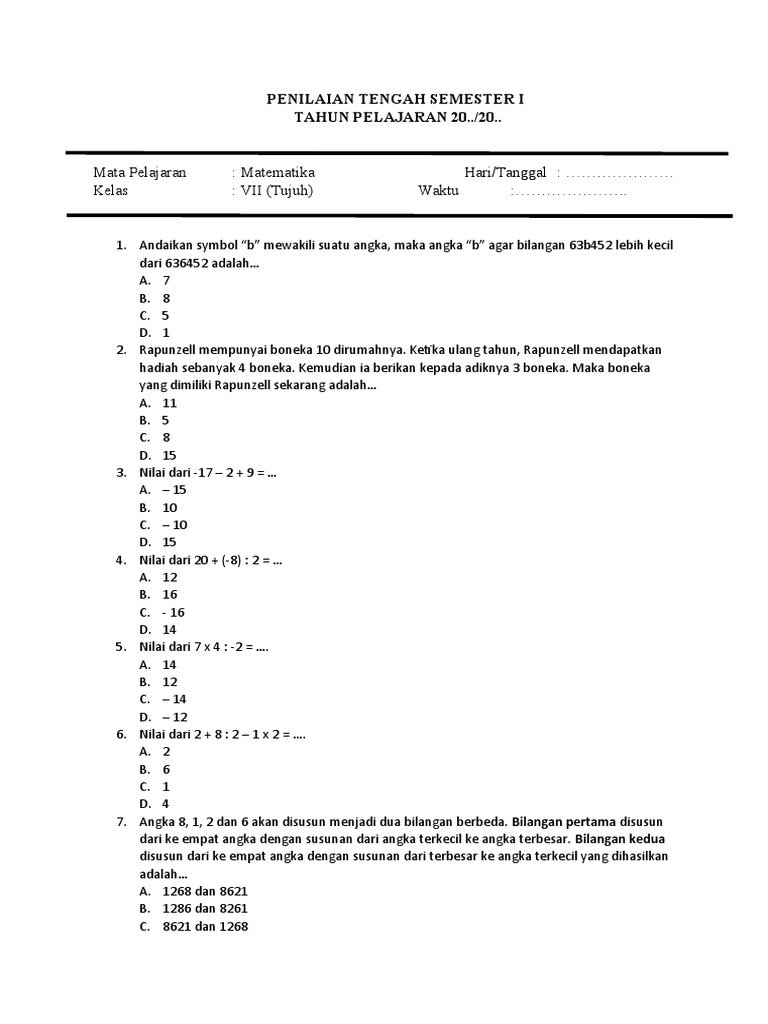 PTS Matematika Kelas 7 | PDF