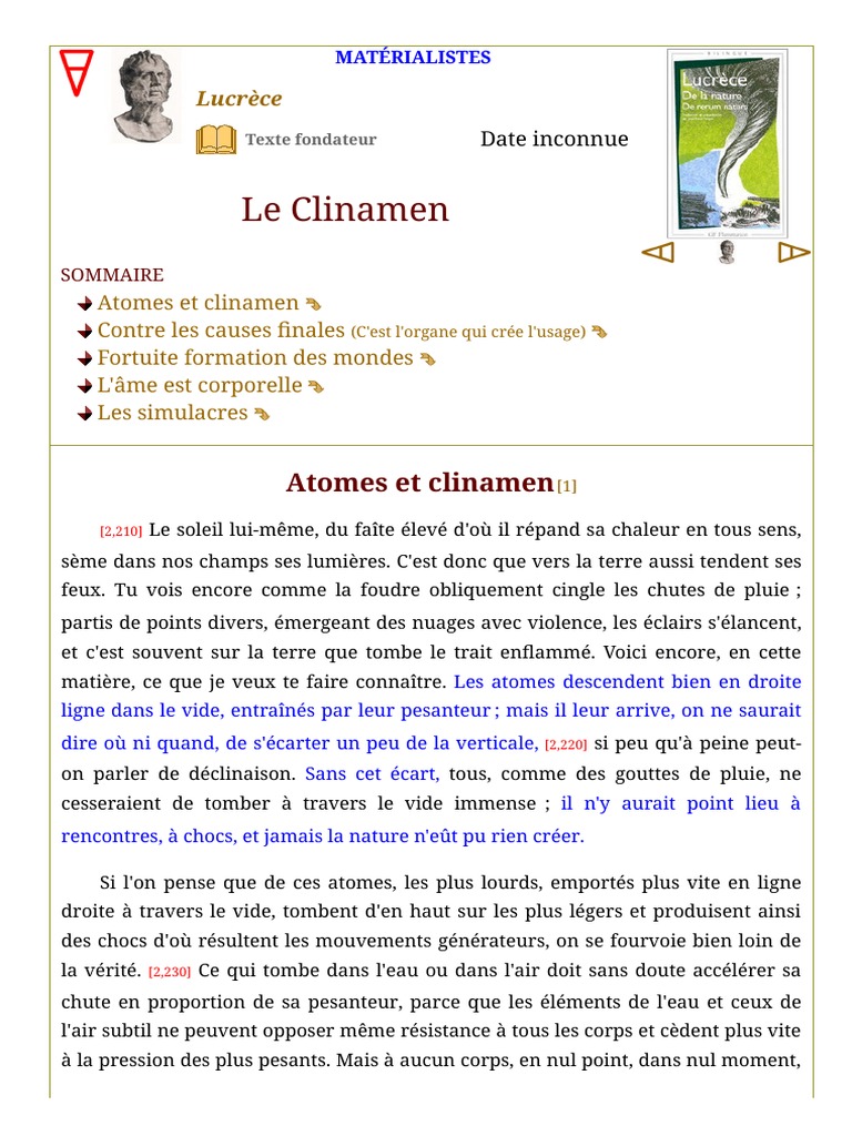 MATÉRIALISTES - Lucrèce - Texte Fondateur - Date Inconnue - Le Clinamen ...