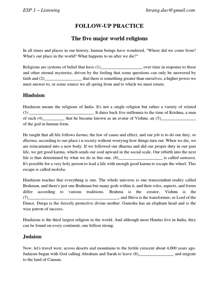 The Five Major World Religions - Gap Fill | PDF | Karma | Muhammad