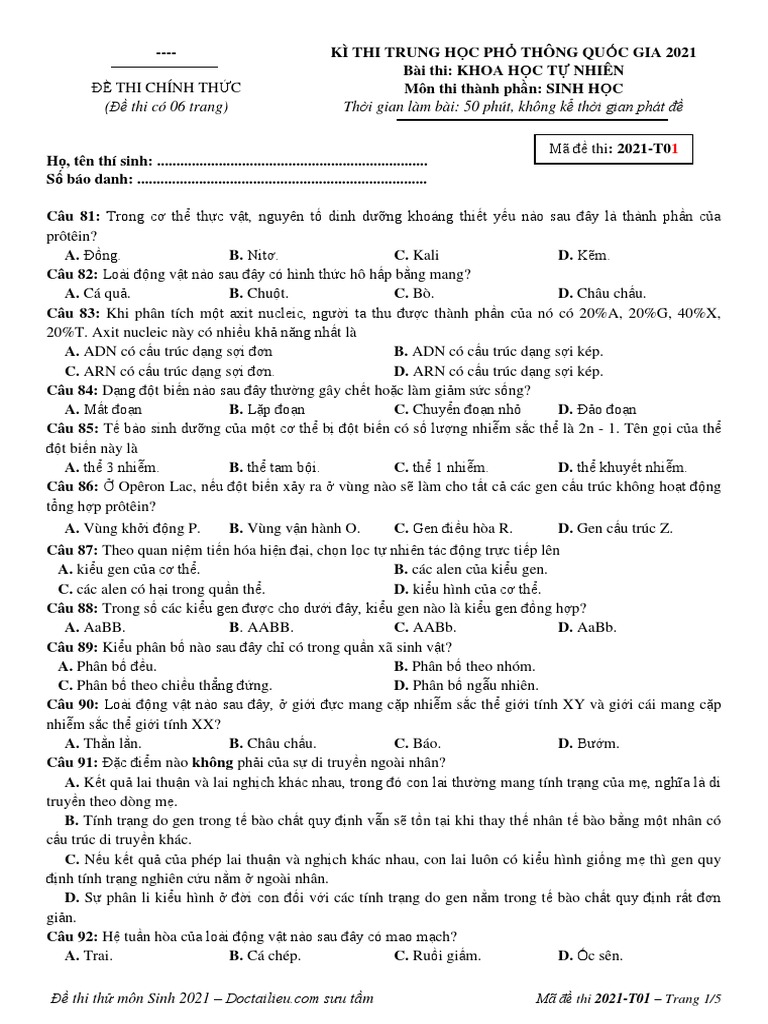 De Thi Thu Mon Sinh 2021 Luyen Thi DH y Ha Noi So 1 | PDF