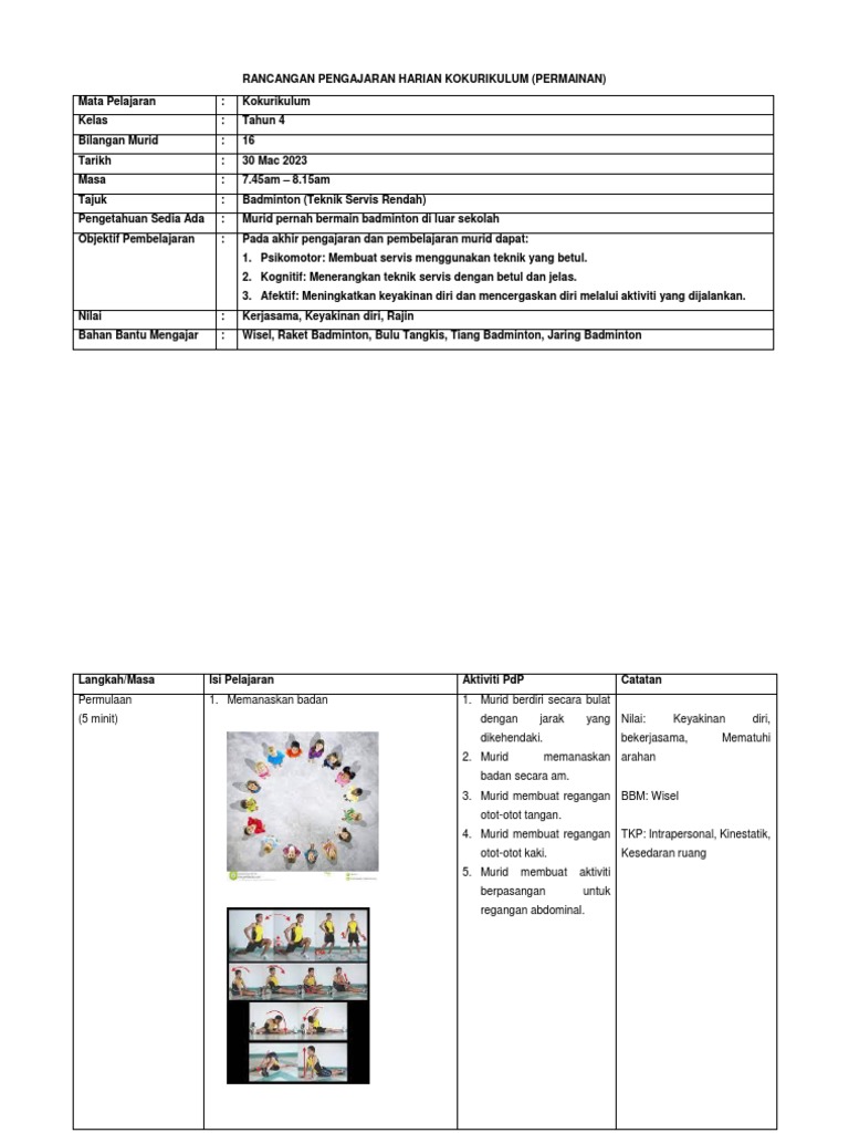 Rancangan Pengajaran Harian Kokurikulum 30 Mac 2023 | PDF
