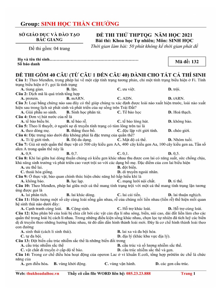 De Thi Thu Mon Sinh 2021 Co Dap An Tinh Bac Giang | PDF