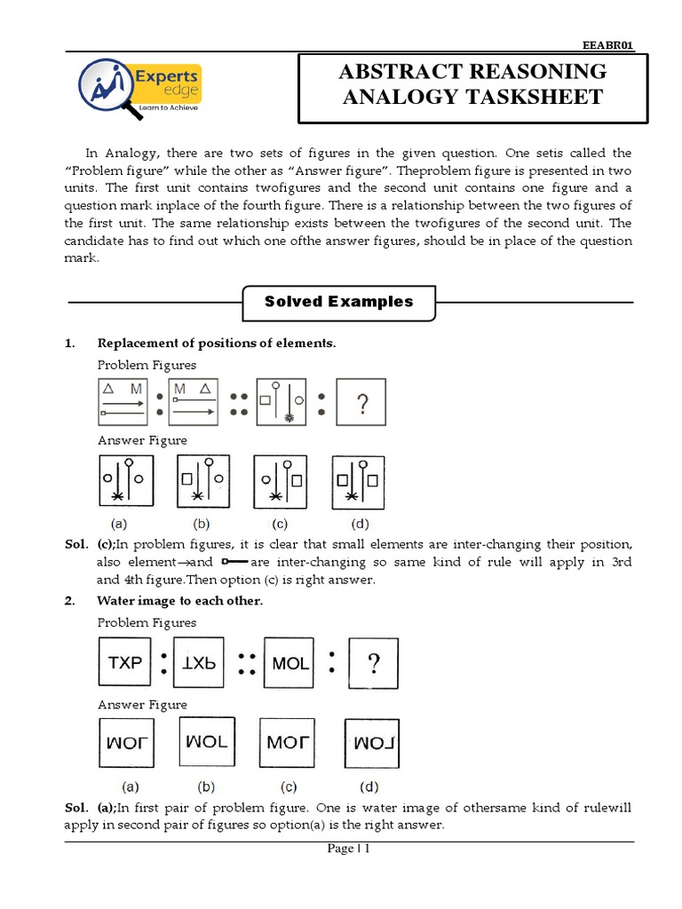 Abstract Reasoning Analogy Tasksheet: Solved Examples | PDF