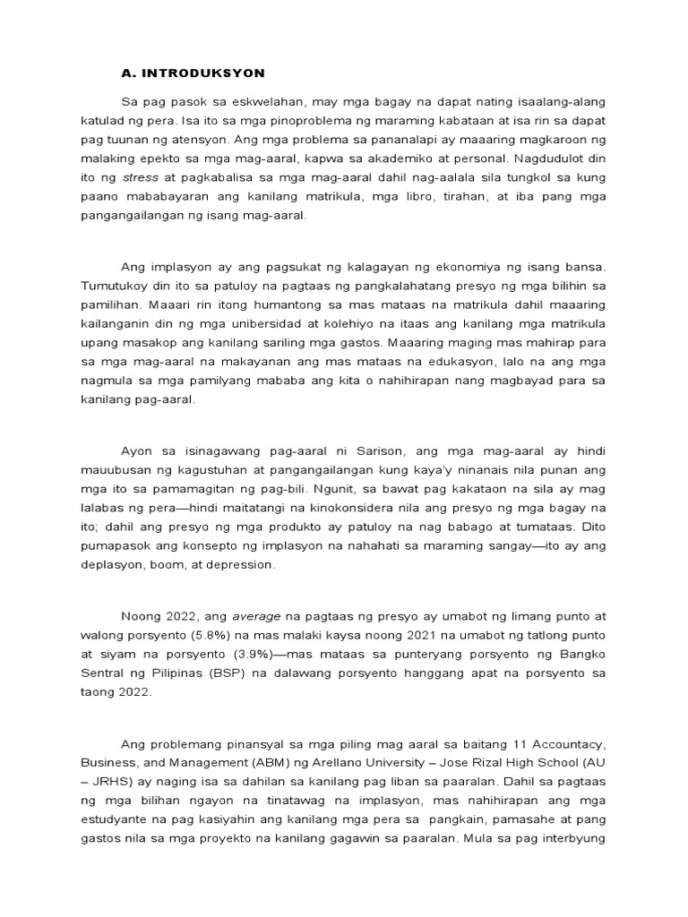 Epekto NG Pinansyal Na Problema Dulot NG Implasyon Sa Piling Mag-Aaral Sa Baitang 11 ABM NG ...