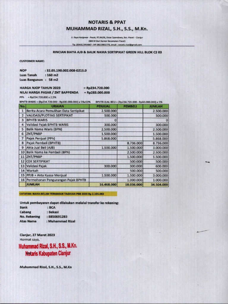 Rincian Biaya Ajb & Balik Nama Sertipikat Green Hill Blok C2 03 - Njop - Waris | PDF