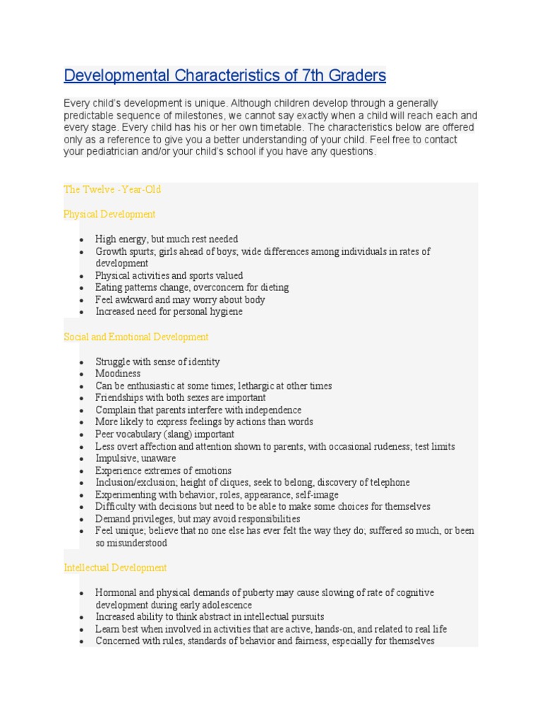 Developmental Characteristics of 7th Graders: The Twelve - Year-Old ...