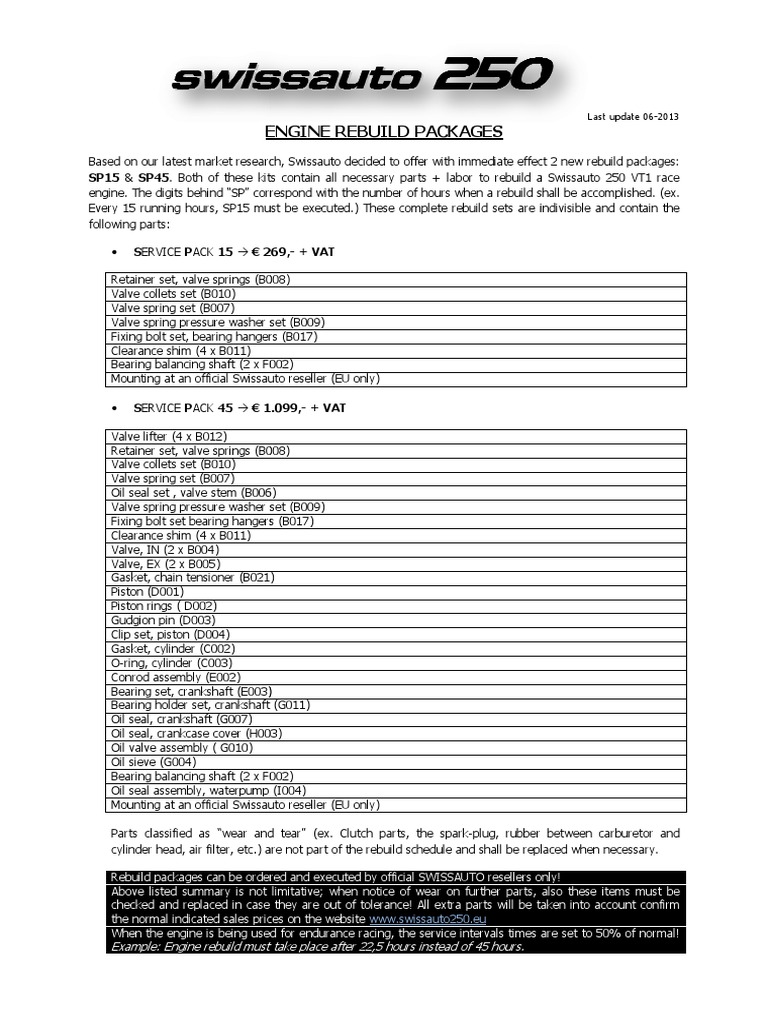Swissauto 250 - Engine Rebuild Packages | PDF | Piston | Engine Technology