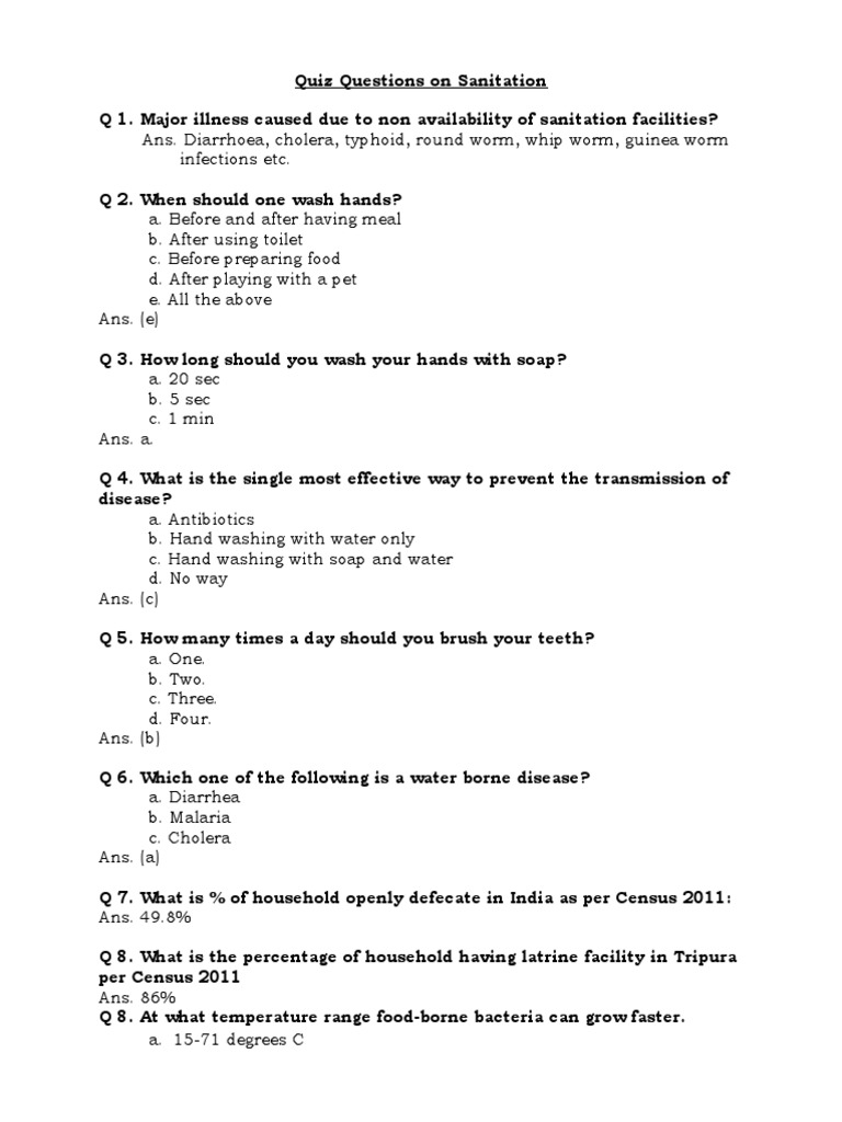 Sanitation Quiz: Questions & Answers | PDF | Oral Hygiene | Diarrhea