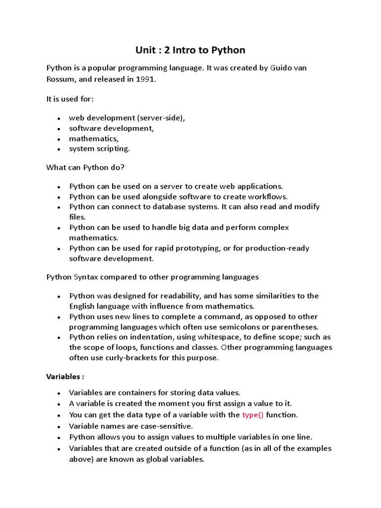 Unit 2 Intro To Python Variables Pdf Python Programming Language 