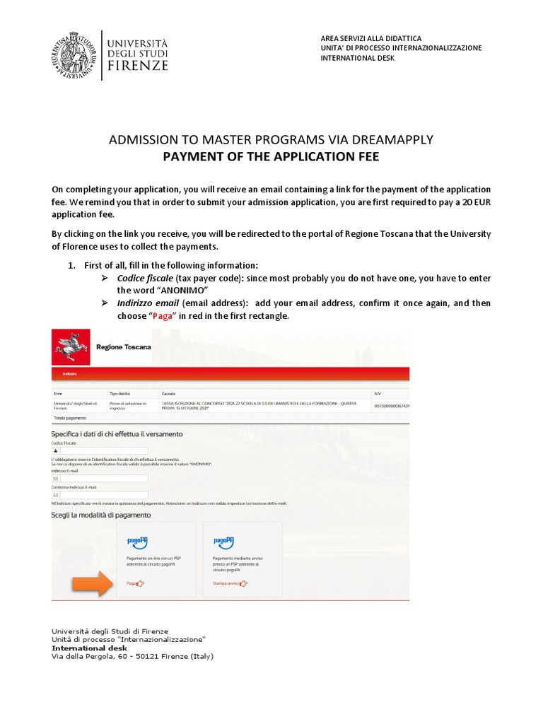 University of Florence Application Fee Guide | PDF | Payments | Business