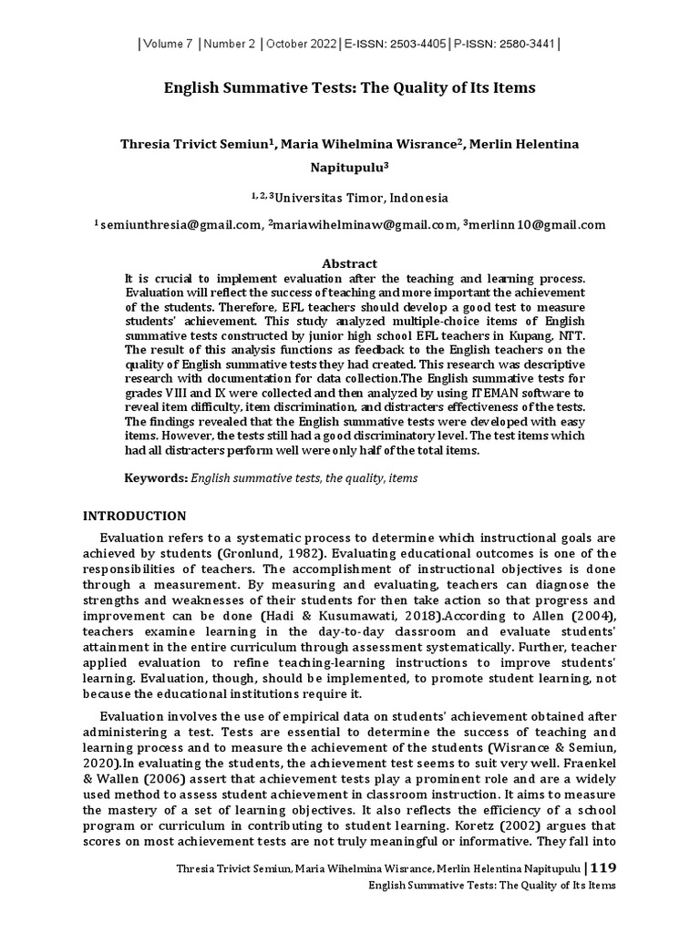English Summative Tests The Quality of Its Items | PDF | Educational ...