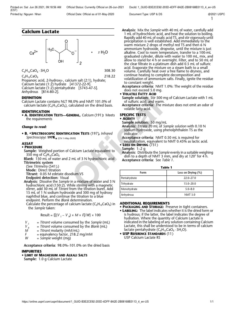 Analysis and Identification of Calcium Lactate | PDF | Titration ...