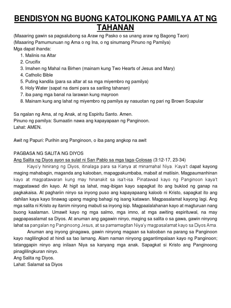 Bendisyon NG Buong Katolikong Pamilya at NG Tahanan | PDF