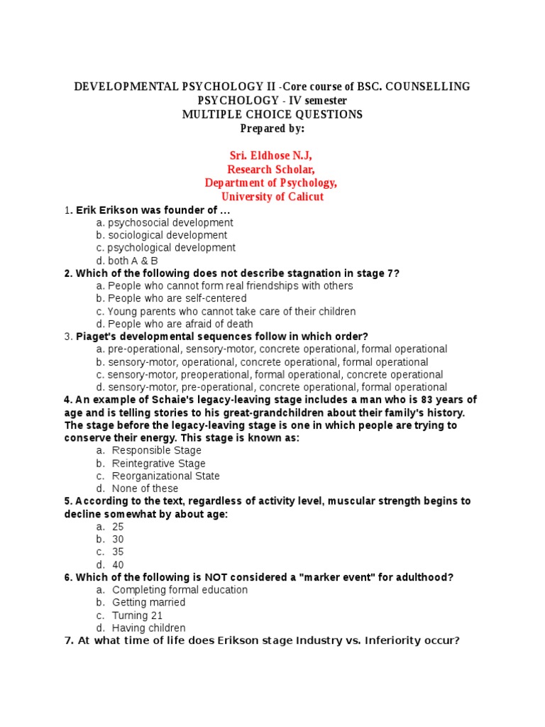 Developmental Psychology II Multiple Choice Questions: A Comprehensive ... Developmental Psychology II Multiple Choice Questions: A Comprehensive ...