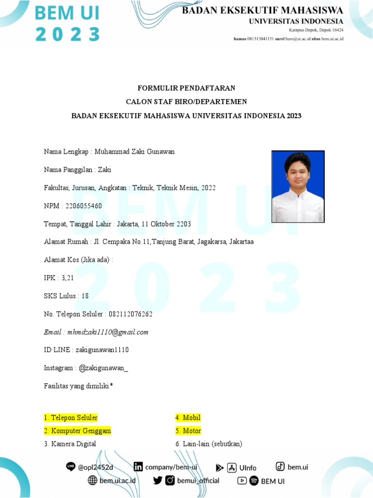 Formulir Pendaftaran Calon Staf Bem Ui 2023 | PDF