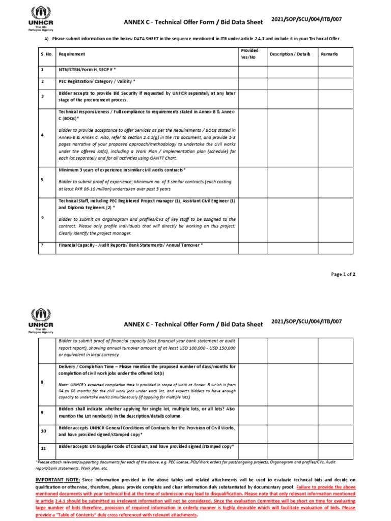Annex C-Technical Offer Form Bid Data Sheet | PDF | Audit | Business