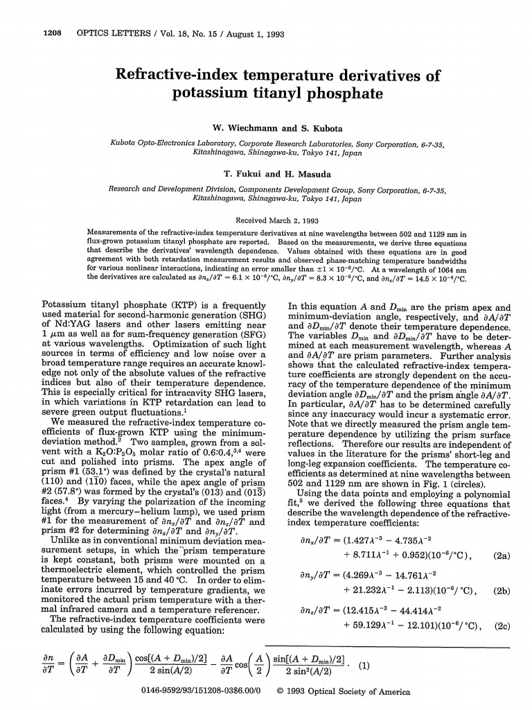 Refractive-Index Temperature Derivatives of Potassium Titanyl Phosphate ...