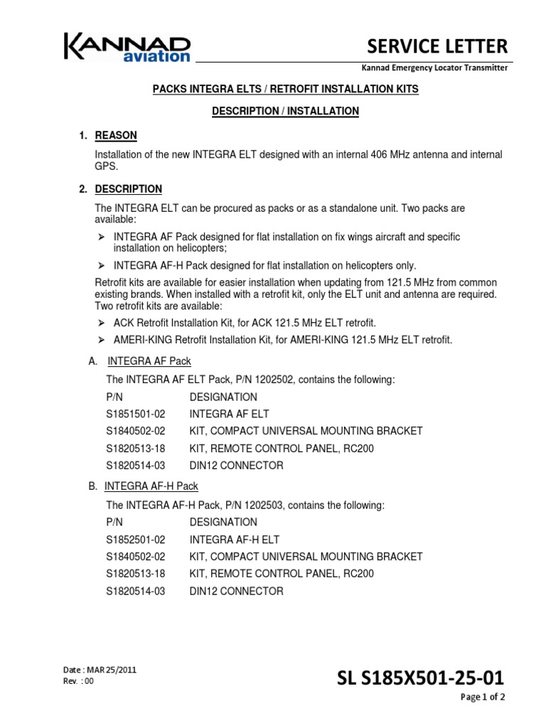 Service Letter: Packs Integra Elts / Retrofit Installation Kits ...