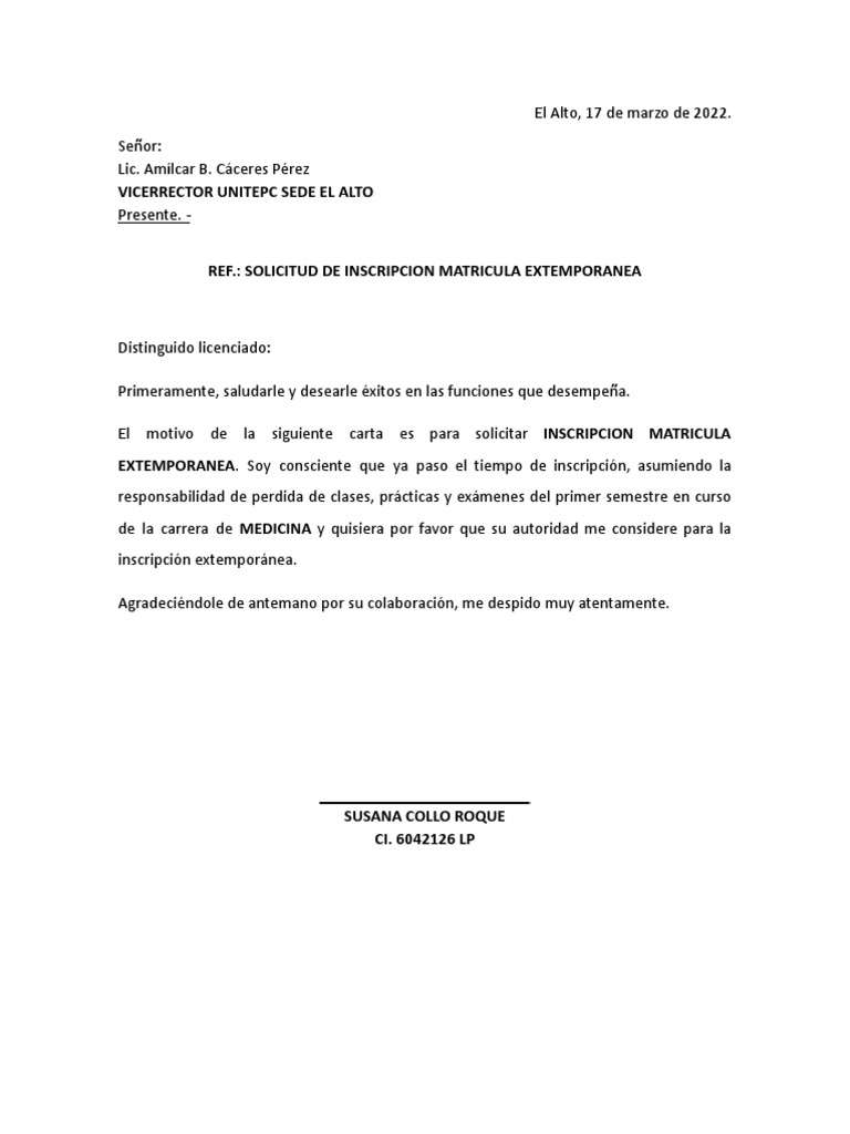 Carta Matricula Extemporanea | PDF