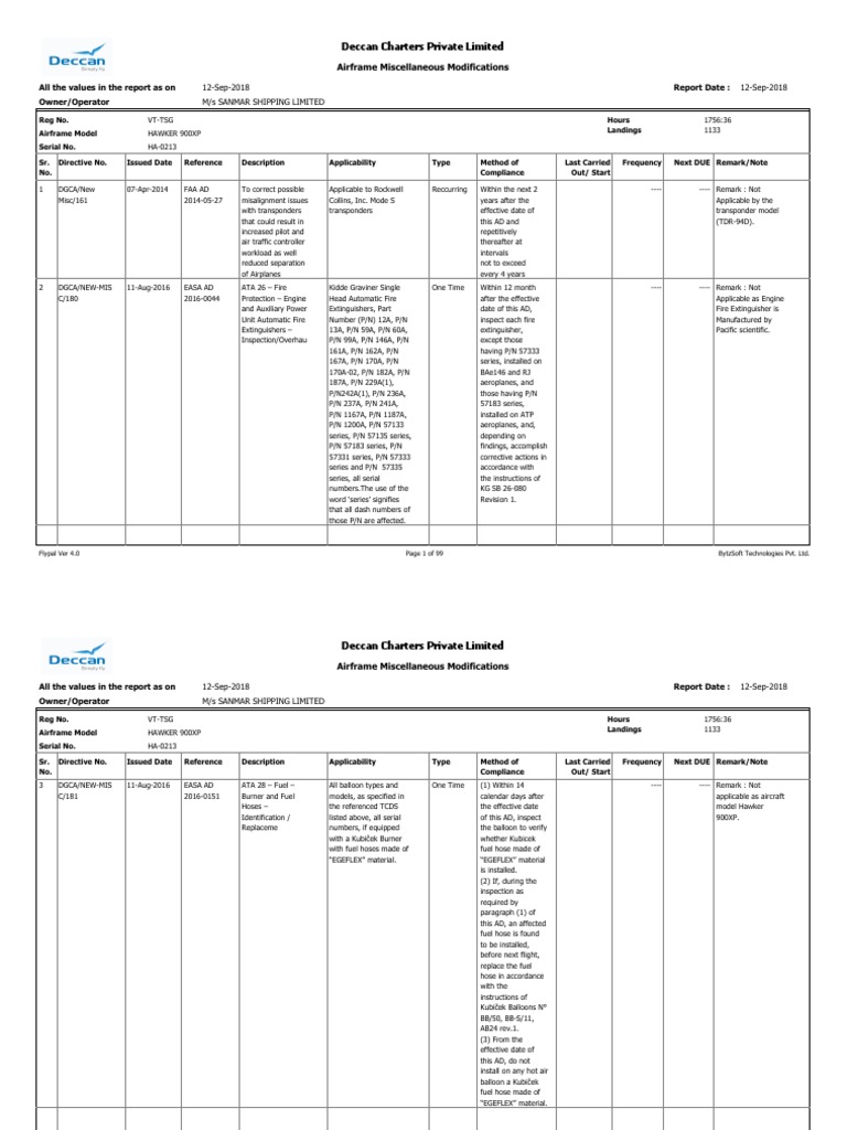 VT-TSG Hawker 900XP Compliance Report | PDF | Aircraft | Aviation