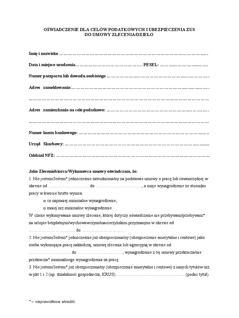 Oświadczenie Na Cele Podatkowe Zleceniobiorcy - Wzór | PDF