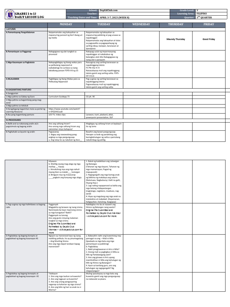 DLL - Filipino 5 - Q3 - W8 | PDF
