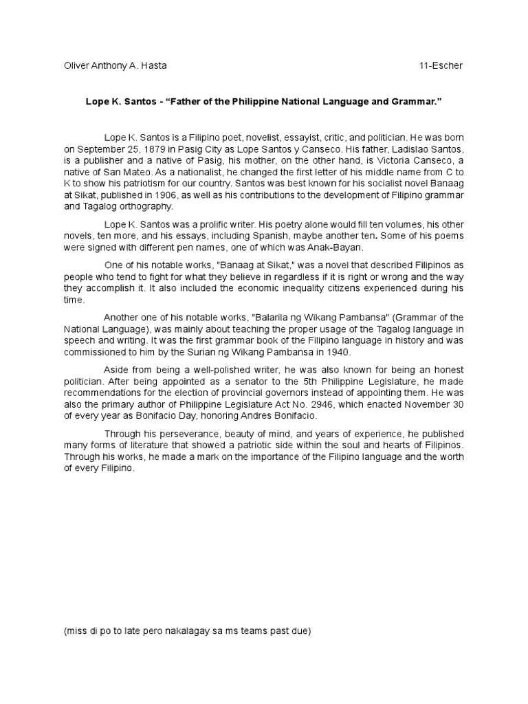 Lope K. Santos - "Father of The Philippine National Language and ...