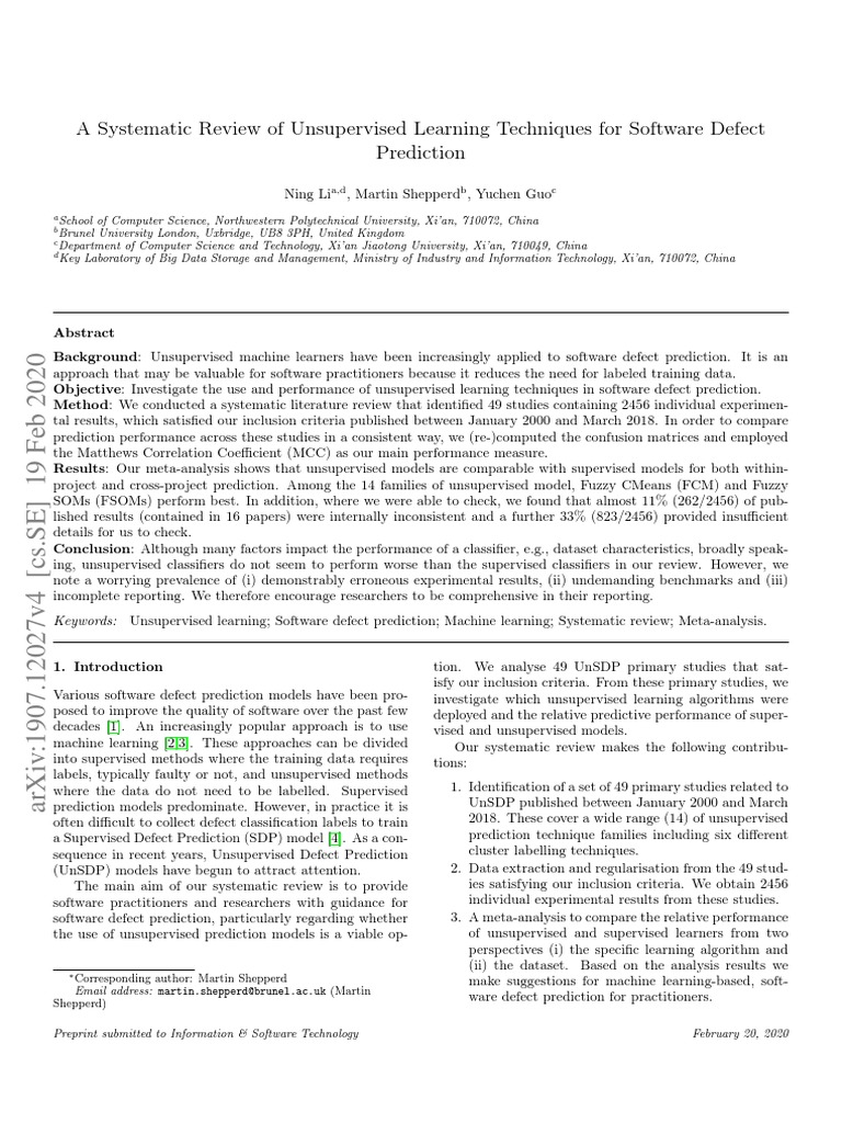 A Systematic Review of Unsupervised Learning Techniques For Software Defect Prediction | PDF ...