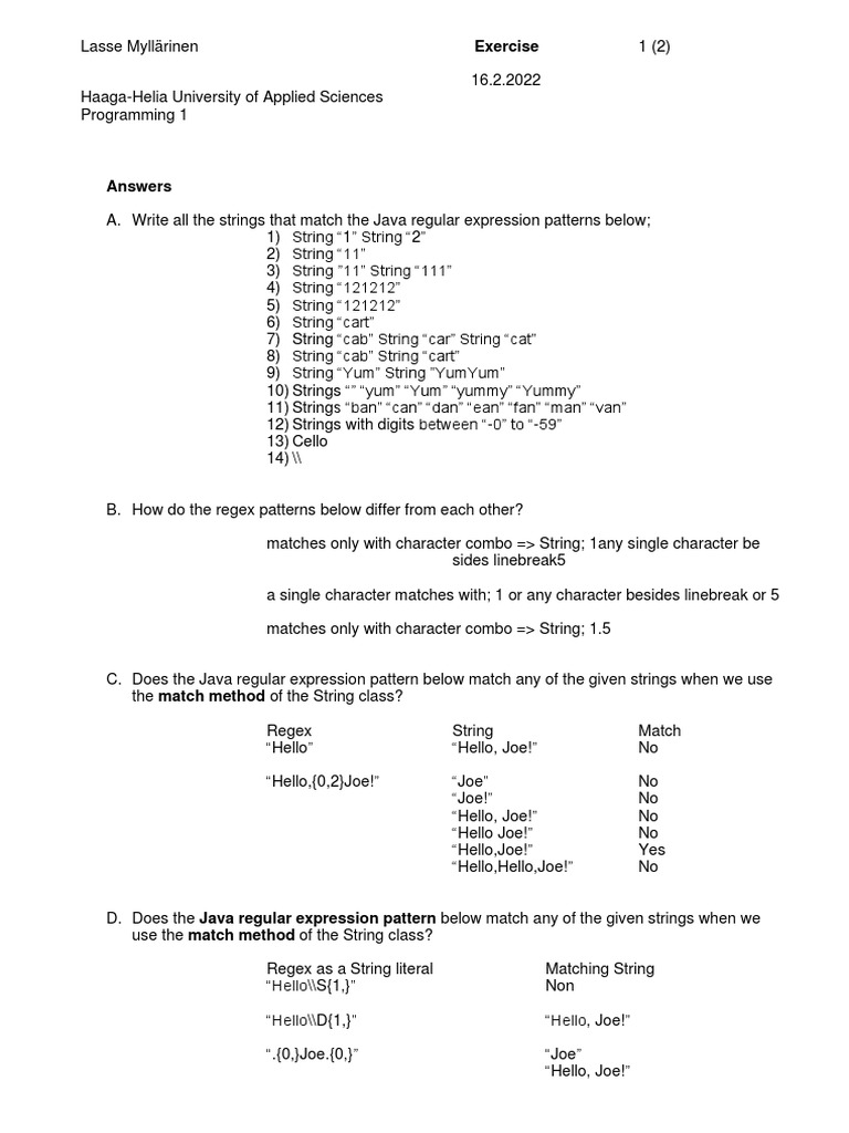 Swd02 Regular Expressions In Java In Class Exercise Pdf Regular Expression Computer