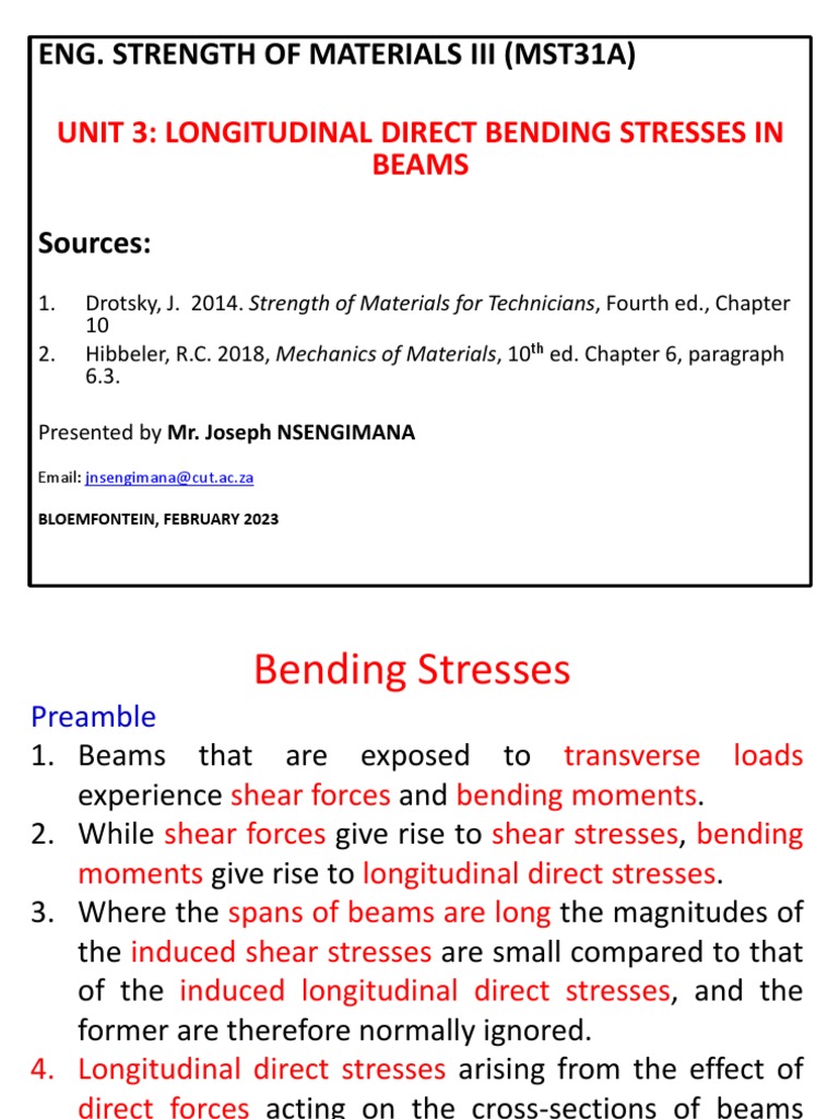 Unit 3: Longitudinal Direct Bending Stresses in Beams: Eng. Strength of Materials Iii (Mst31A ...