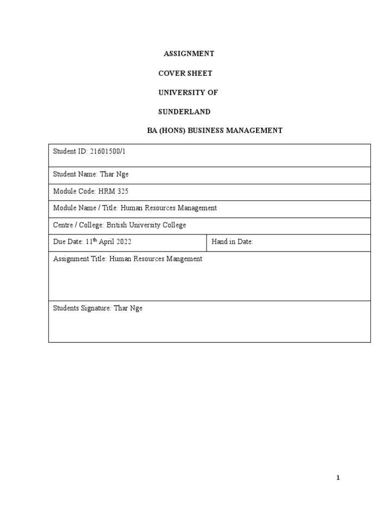 Assignment Cover Sheet University of Sunderland Ba (Hons) Business ...