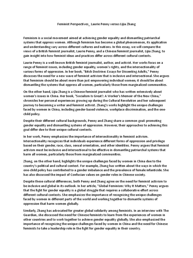Feminist Perspectives - Laurie Penny Versus Lijia Zhang | PDF | Gender ...