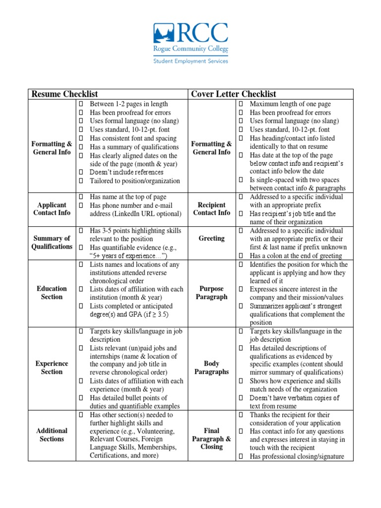 RCC ResumeCoverLetterChecklist | PDF | Résumé